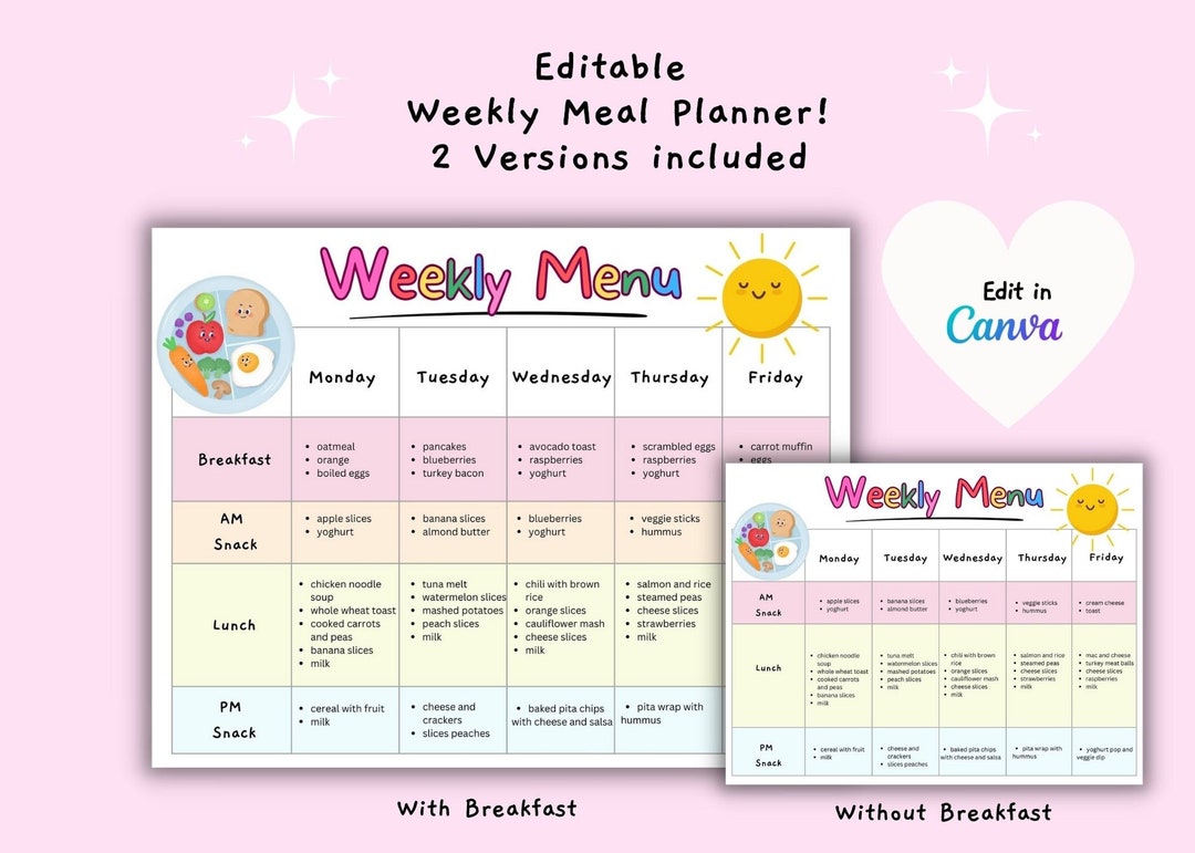 Daycare Weekly Menu Printable Weekly Menu for Daycare - Etsy UK