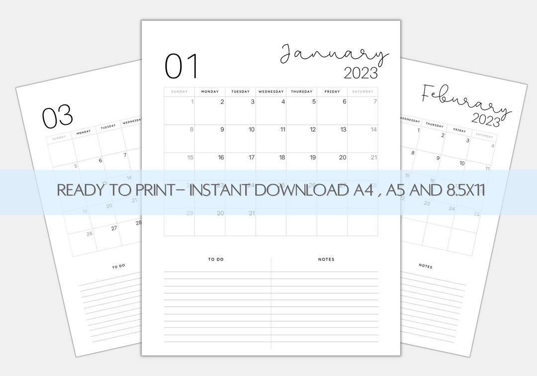 2023 Printable Calendar Portrait, Instant Download, Minimalist Calendar ...