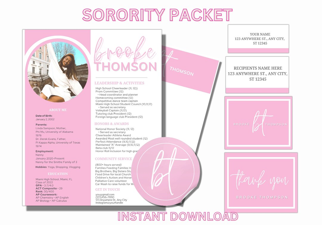 Sorority Packet, Pink Sorority, Sorority Resume Template With Photo ...