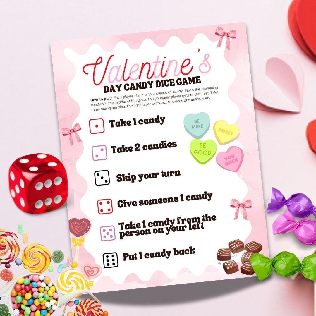 Valentine's Roll the Dice Game, Candy Roll Game, Candy Jar Dice Game ...