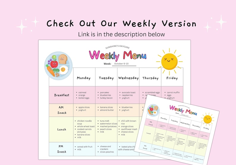 Daycare Monthly Menu Printable Menu for Daycare Editable - Etsy