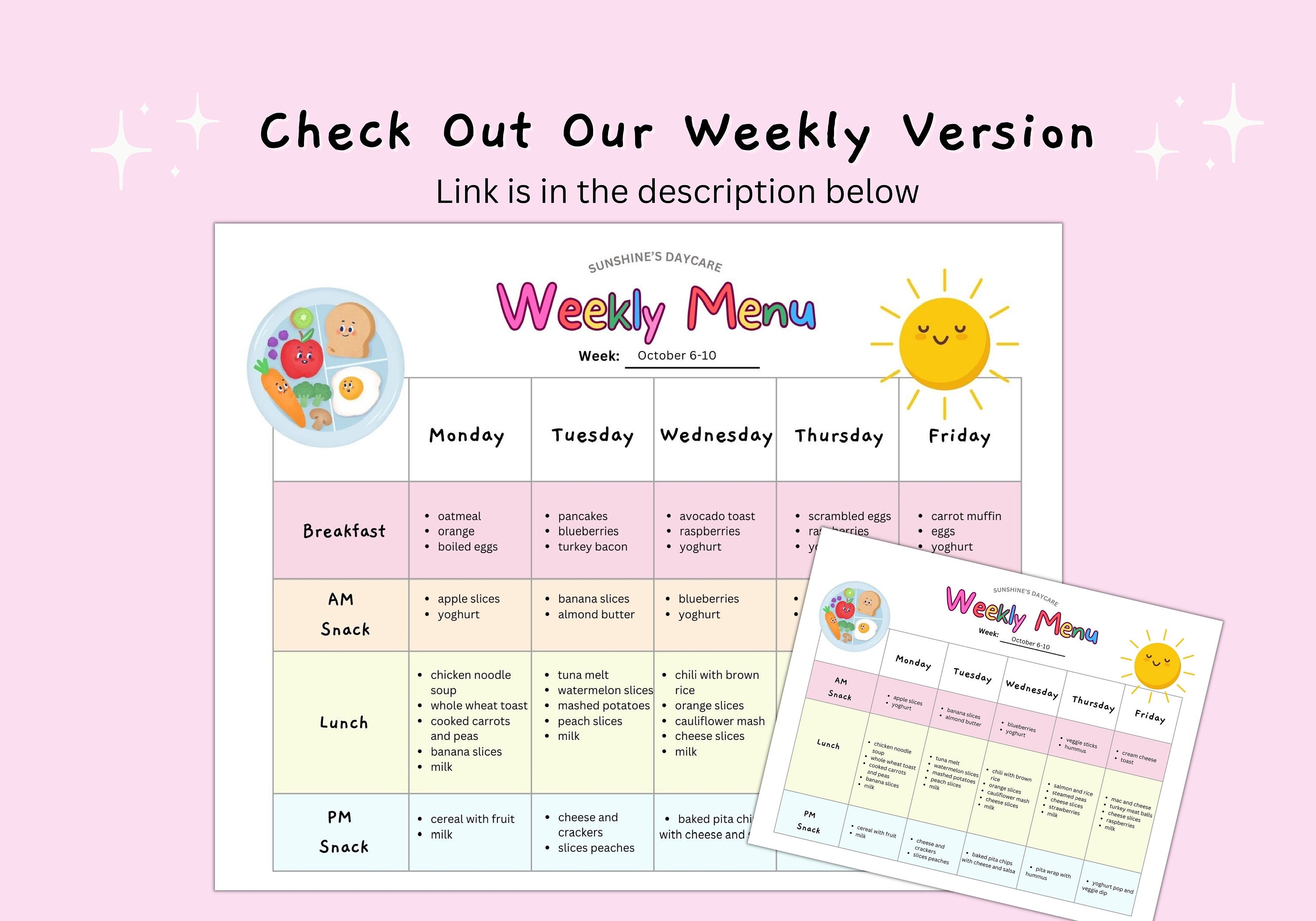 Daycare Monthly Menu Printable Menu for Daycare Editable - Etsy