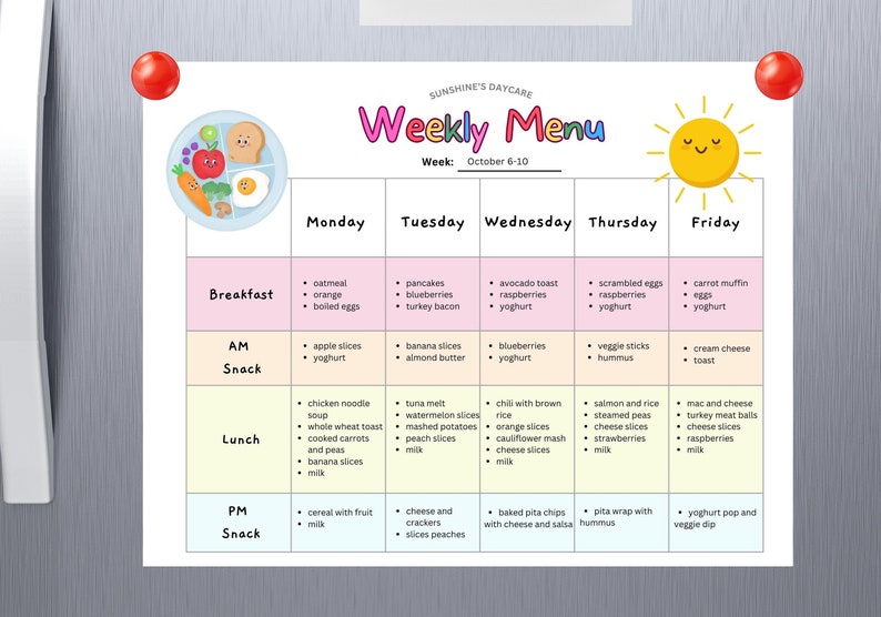 Daycare Weekly Menu Printable Weekly Menu for Daycare - Etsy