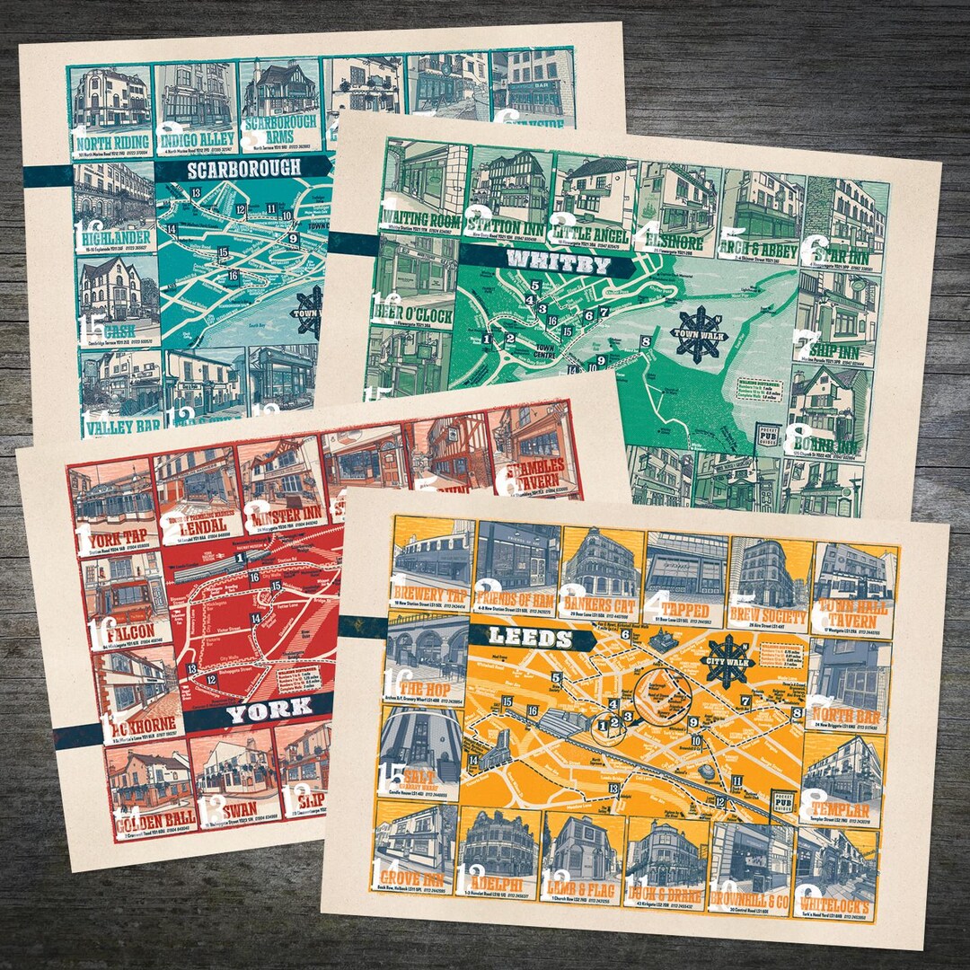 Yorkshire Pub Map Poster Bundle: Scarborough, Whitby, York, Leeds ...