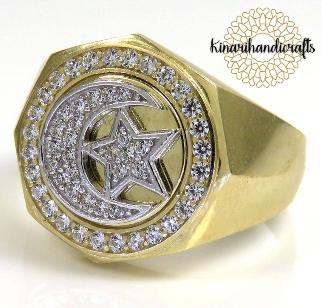 Islam Crescent Moon and Star Religious Ring VVS Moissanite Diamond 925 ...