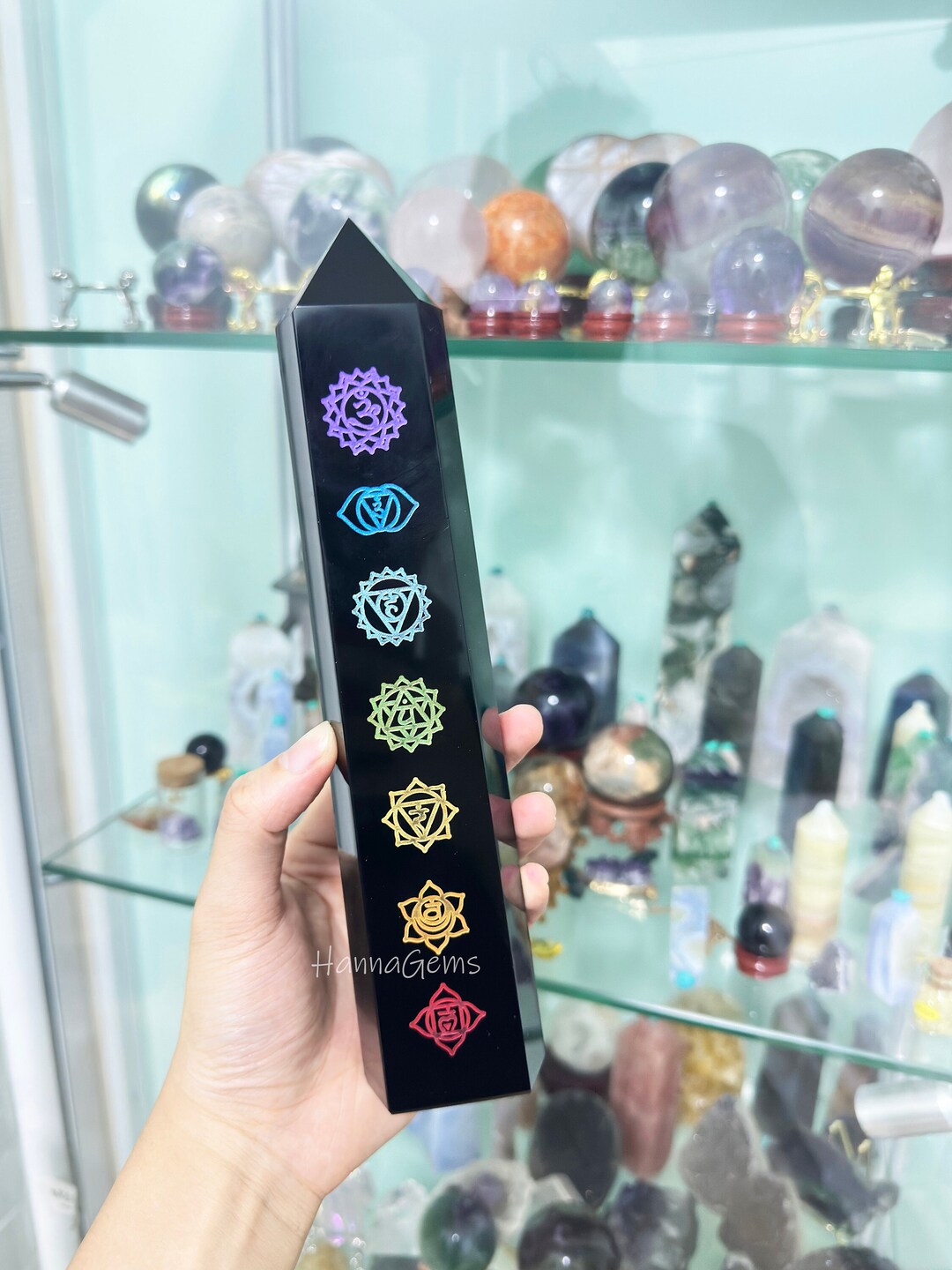 Healing Black Obsidian 7 Chakra Tower, Natural Polished Black Obsidian ...