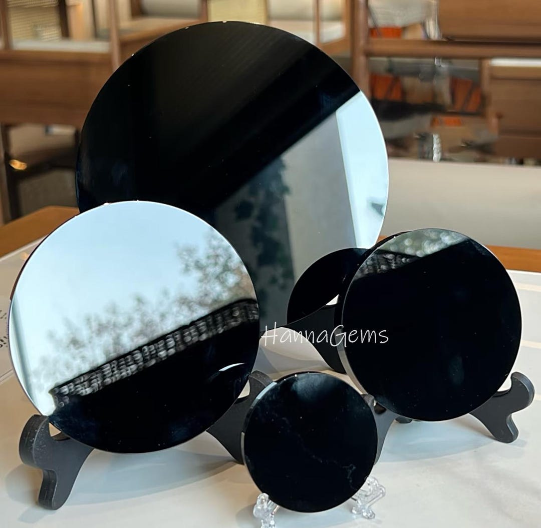 Natural Black Obsidian Mirror, Black Obsidian Scrying Plate With Stand ...