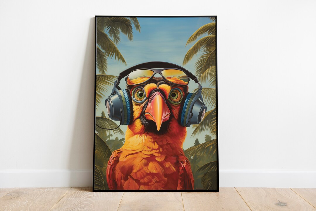 Funky Poster, Colorful Bird With Headphones, Poster Digital Print, Art ...