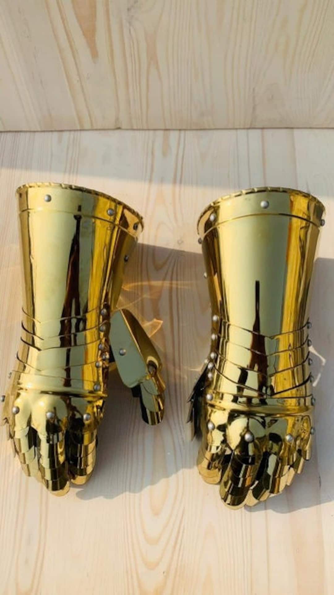 Medieval Steel Gothic Knight Golden Gloves, Battle Warrior Functional ...