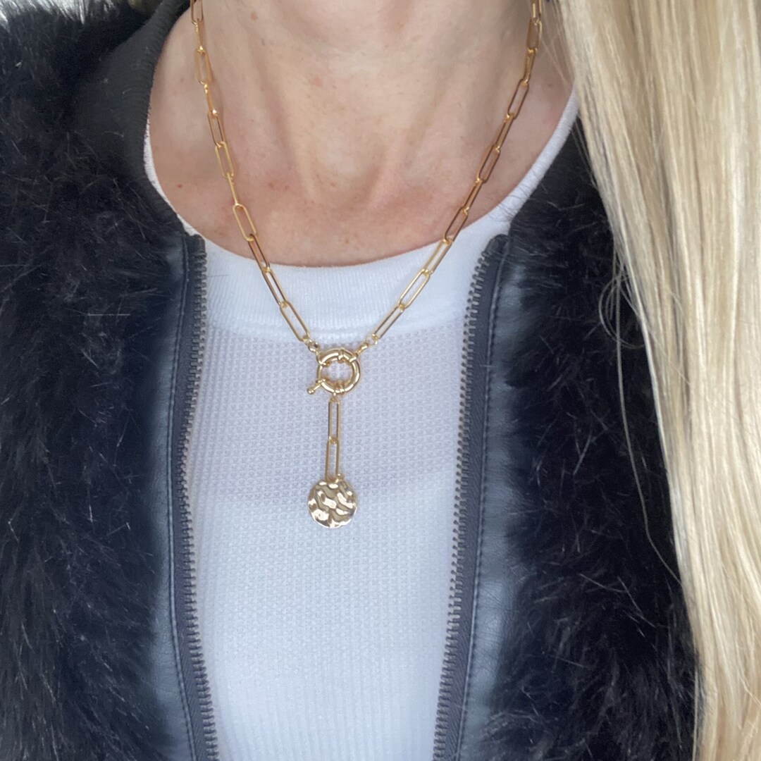 14K Gold Plated Paperclip Link Y Drop Chain Bevelled Coin Pendant ...