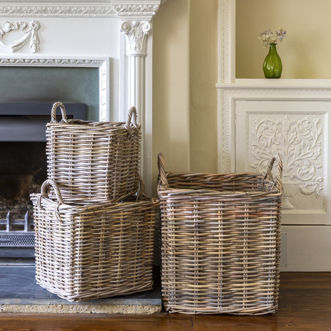 Kingston Rattan Log Basket Large, Square Log Basket, Wicker Log Basket ...