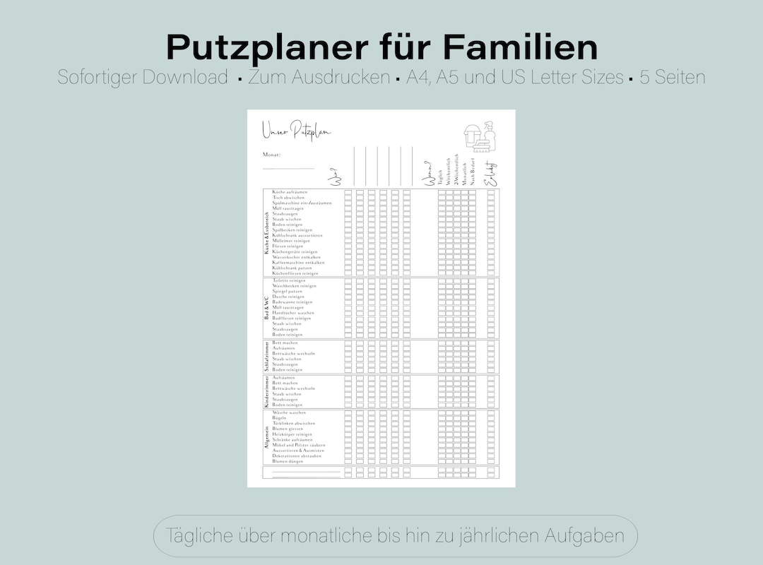 Putzplaner für Familien | Druckbar | Ausgefüllt oder blanko | PDF ... Putzplaner für Familien | Druckbar | Ausgefüllt oder blanko | PDF ...
