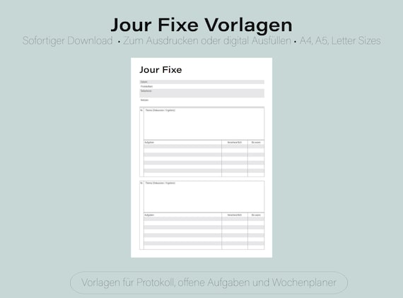 Jour Fixe Vorlagen Sofortiger Download Ausdrucken Oder - Etsy