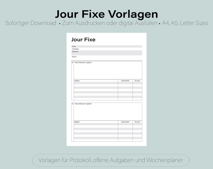 Jour Fixe Templates | Instant Download | Print Out or Fill Out ...