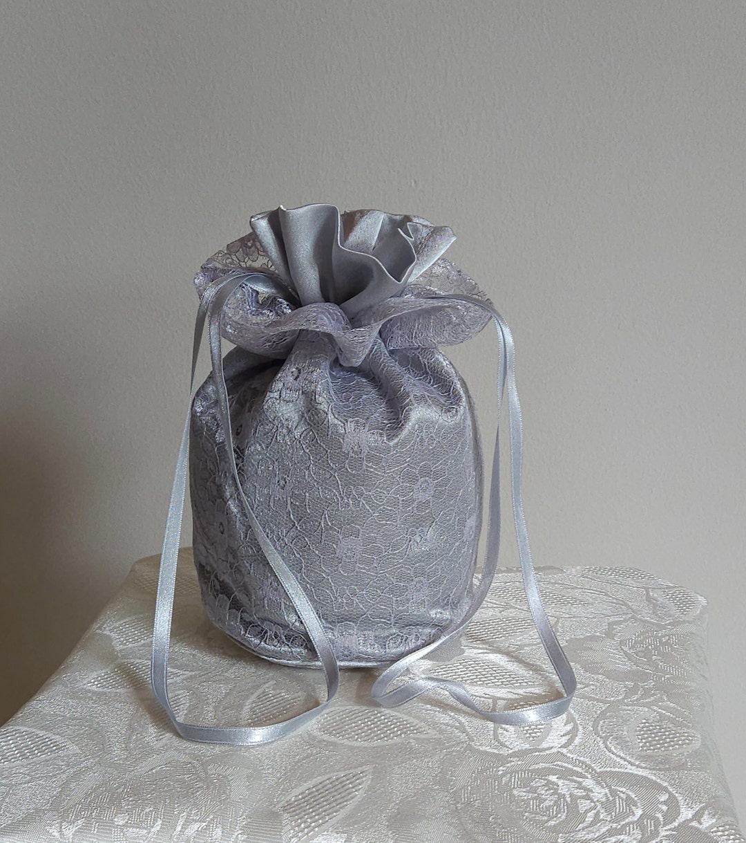Silver Grey Satin and Lace Dolly Bag for Weddings or Prom Bridesmaids ...