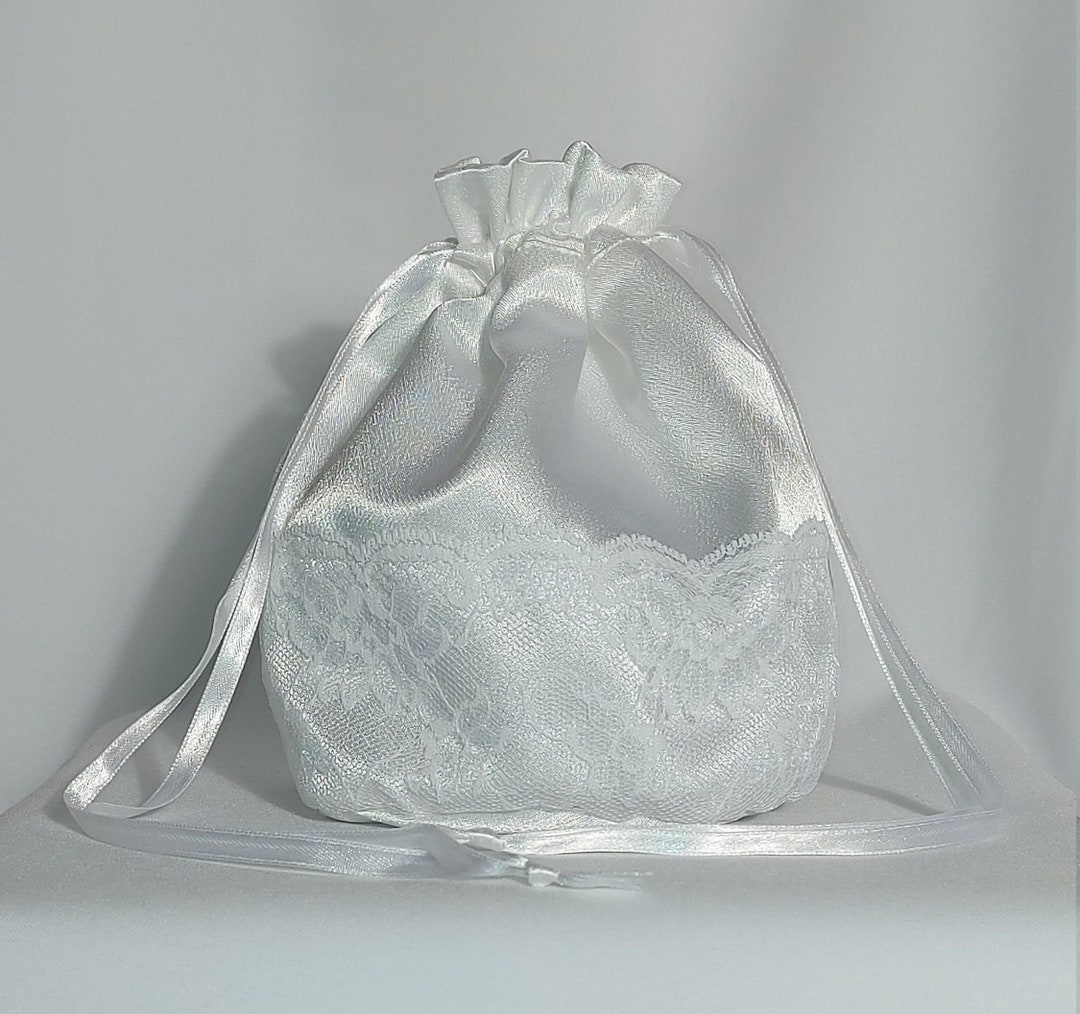 White Satin Dolly Bag With Lace and Ribbon Drawstrings Evening Wedding ...