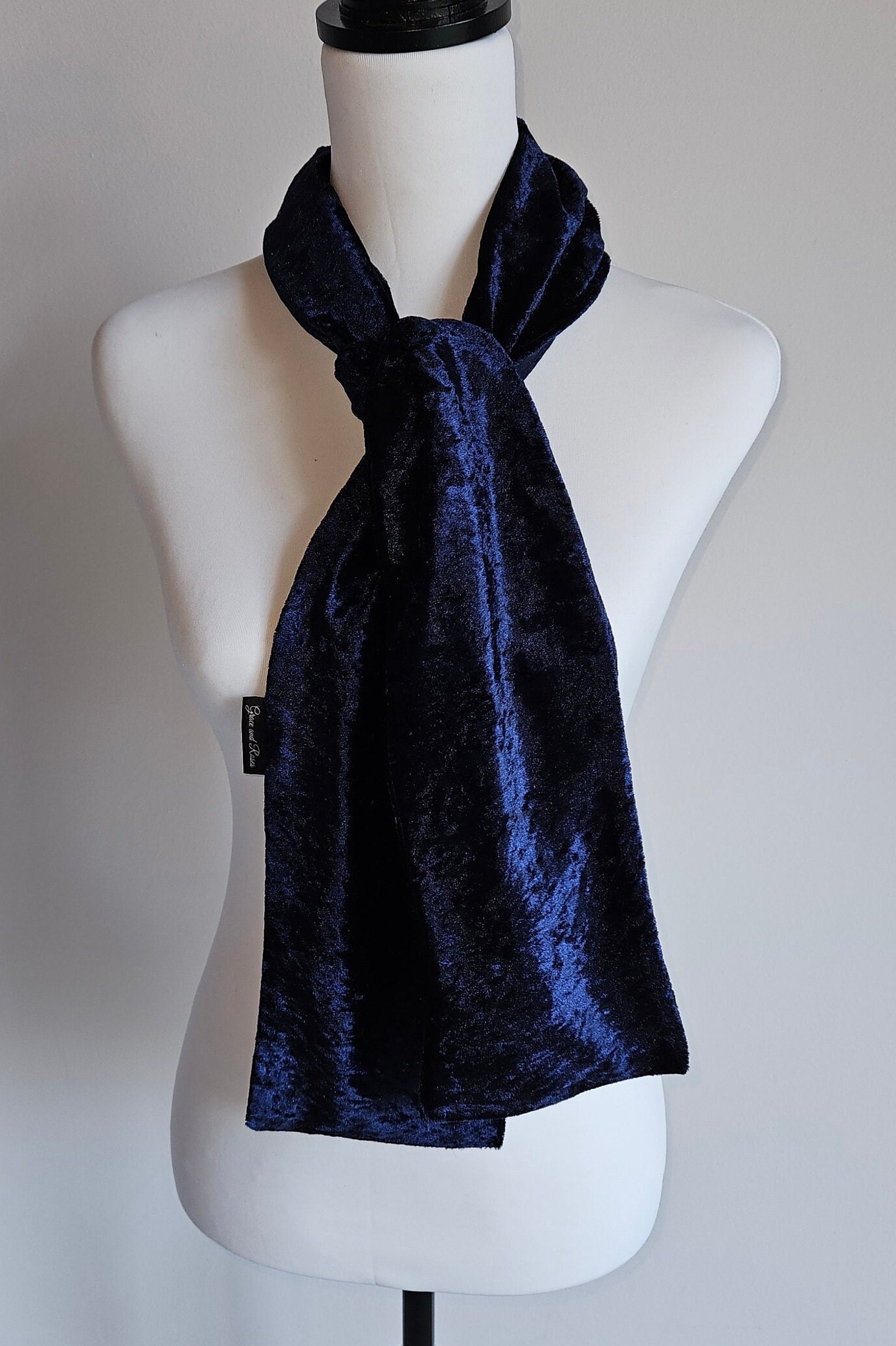 Navy Blue Slim Crushed Velvet Scarf Dark Blue Soft Velour Scarves Warm ...