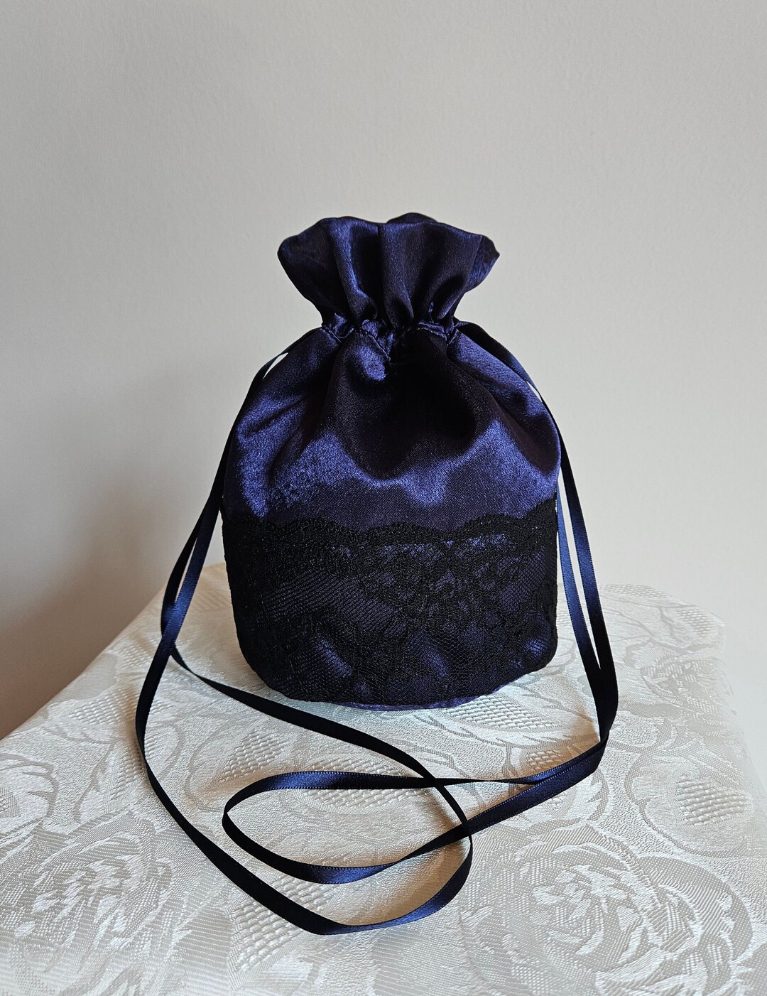 Navy Blue Satin With Black Lace Evening Bag - Etsy