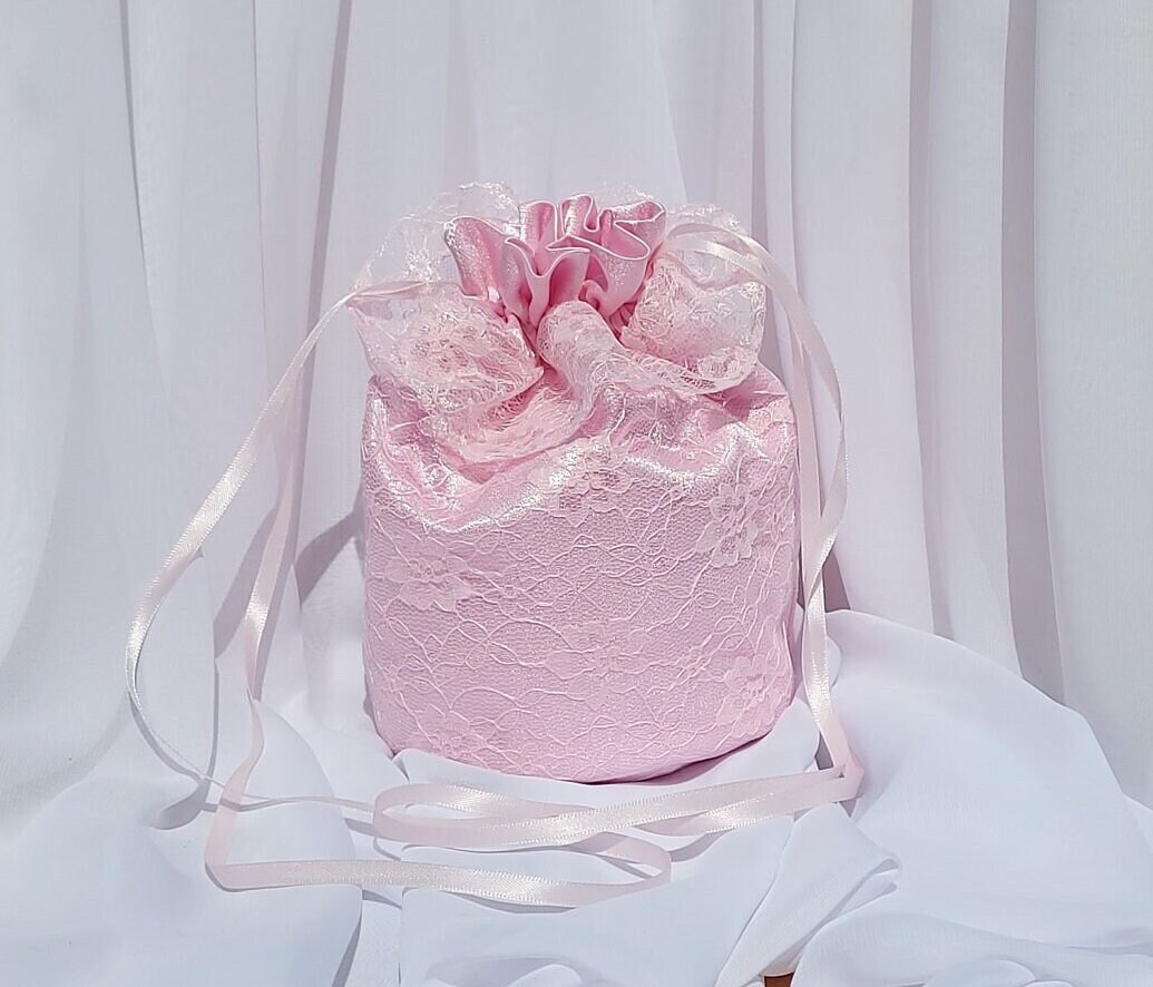 Baby Pink Satin and Lace Drawstring Dolly Bag Bridesmaids Purse Wedding ...