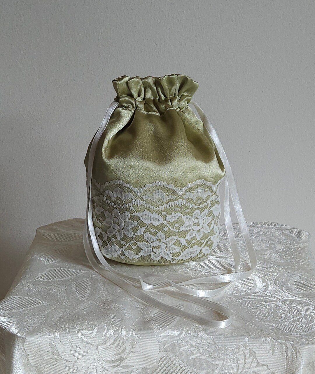 Sage Green Satin Dolly Bag With Ivory Lace and Ribbons Bridesmaids ...
