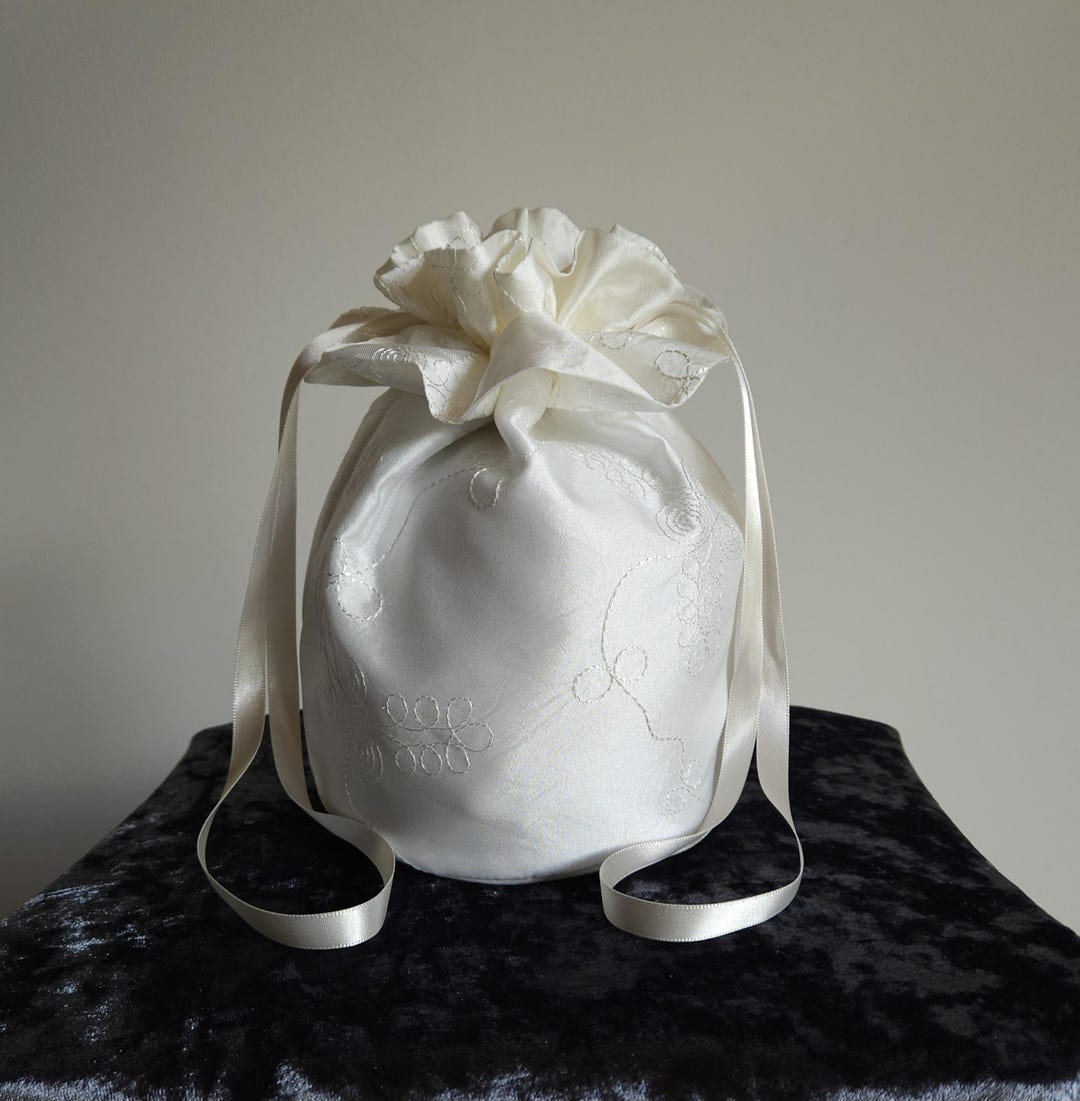 Elegant Ivory Silk Taffeta Drawstring Bag: Embroidered Bridal Wedding ...