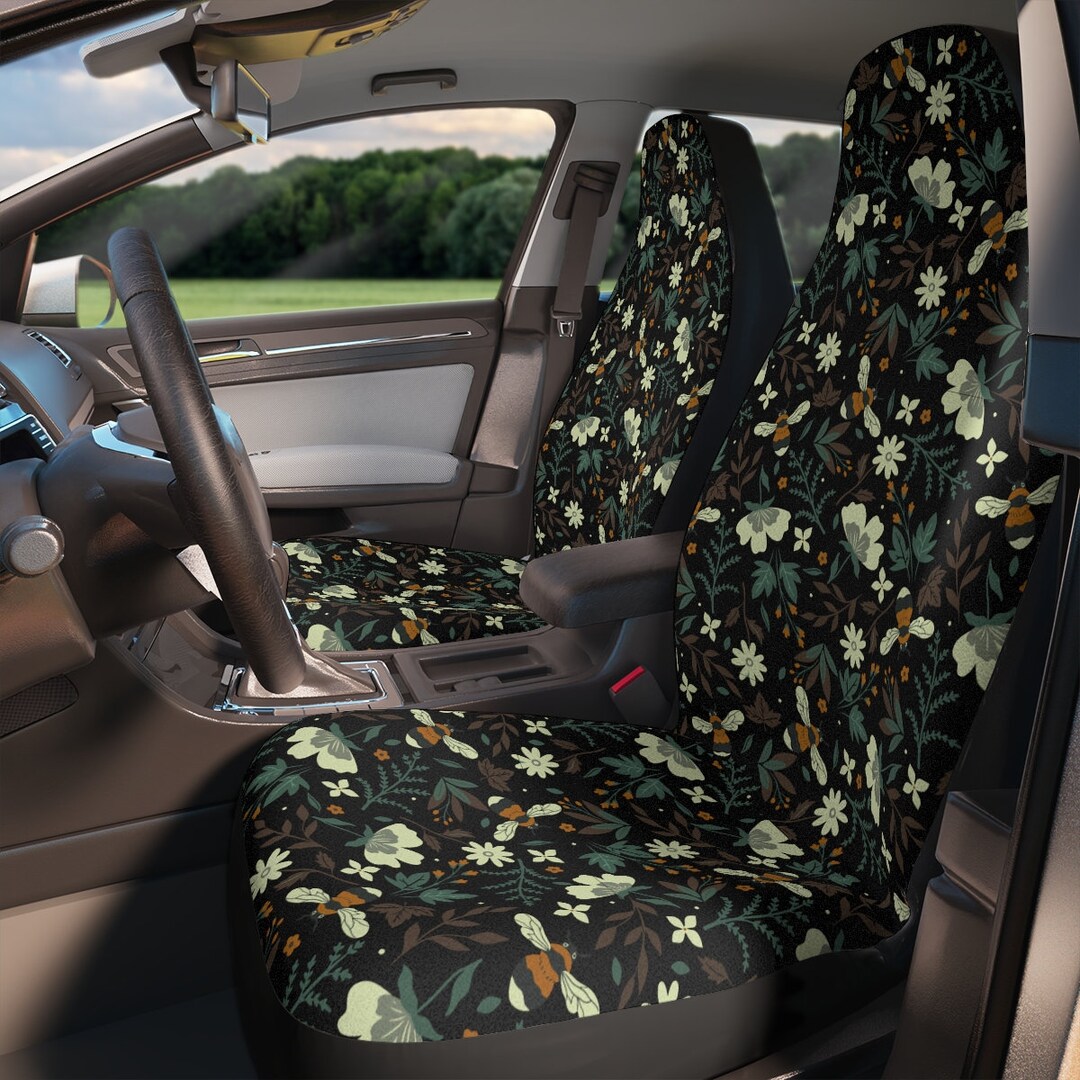 Sage Green Seat Covers Botanical Honey Bee Floral Car Accessories for ...