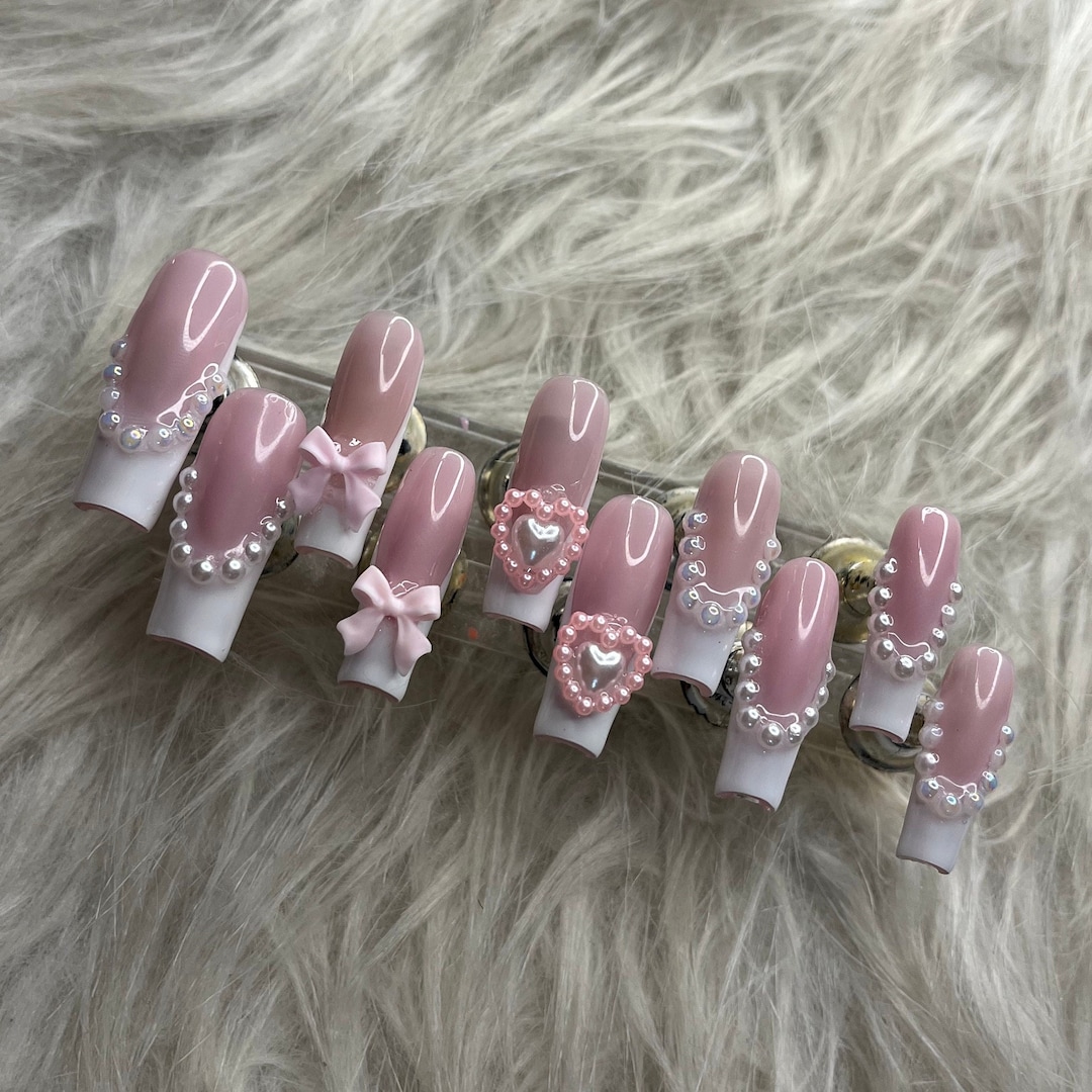 French Tip Press on Nails Coquette Nails With Bows Pearls and Heart ...