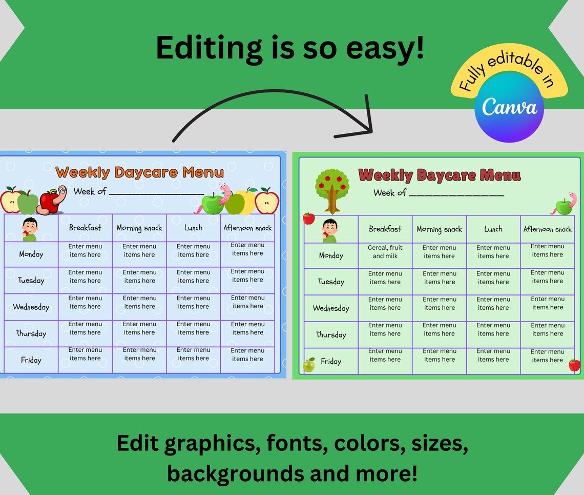 Weekly Daycare Menu Template: Editable Preschool Meal Planner (digital ...