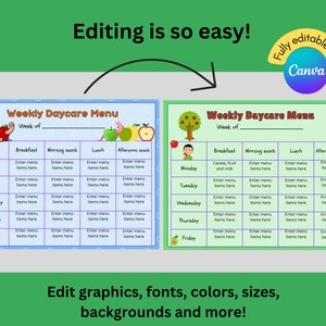 Weekly Daycare Menu Template, Preschool Menu Printable, Meal Planner ...