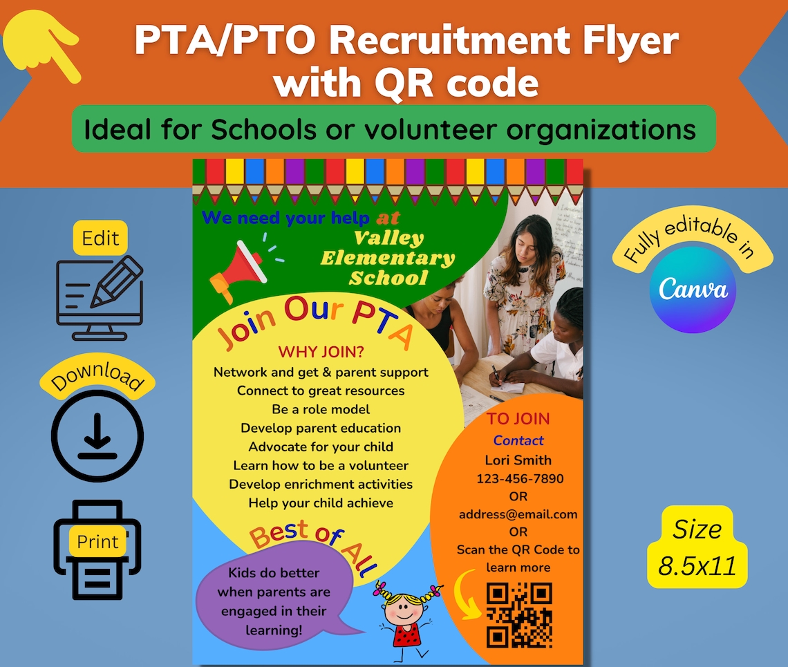 Editable PTA PTO Recruitment Flyer, Printable Handout With QR Code ...