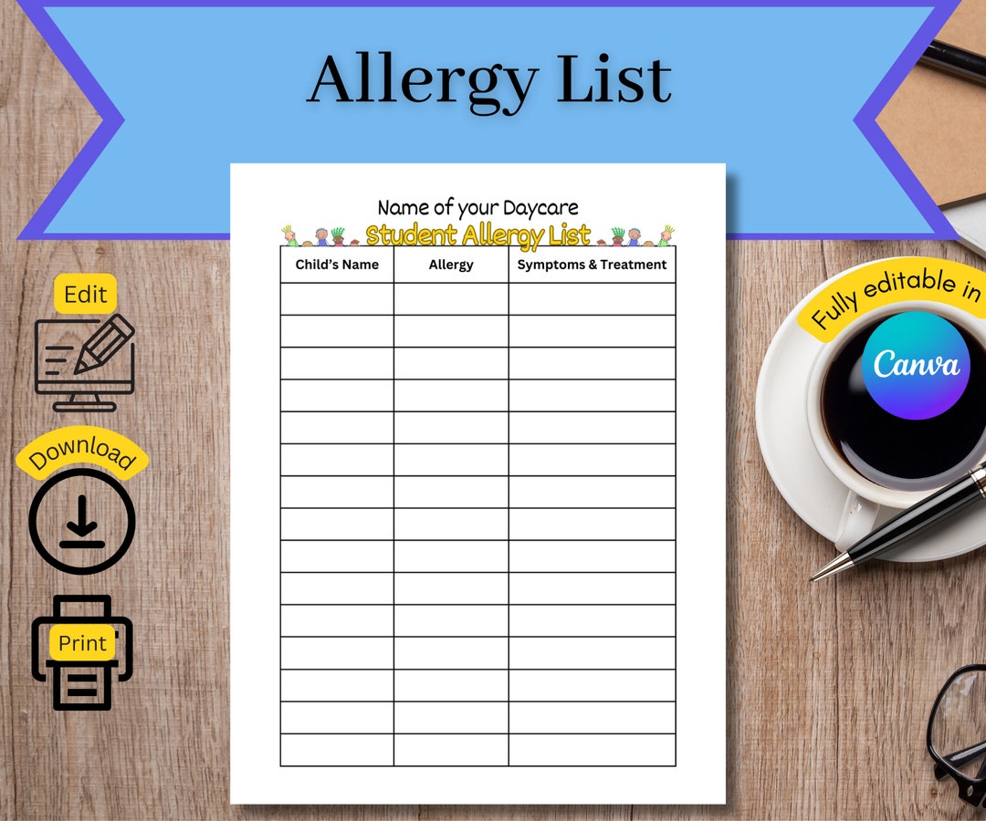 Child Allergy List, Daycare Printable Allergy List Perfect for Daycares ...