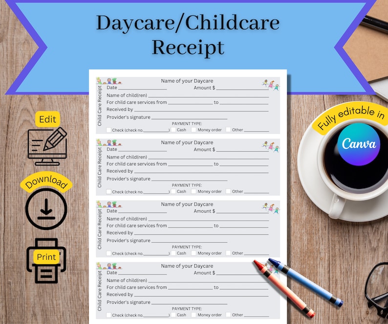 Editable Daycare Receipt Template: Printable Childcare Form (canva) - Etsy