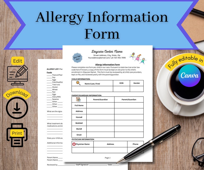 Child Allergy Form, Daycare Printable Allergy Form Perfect for Daycares ...