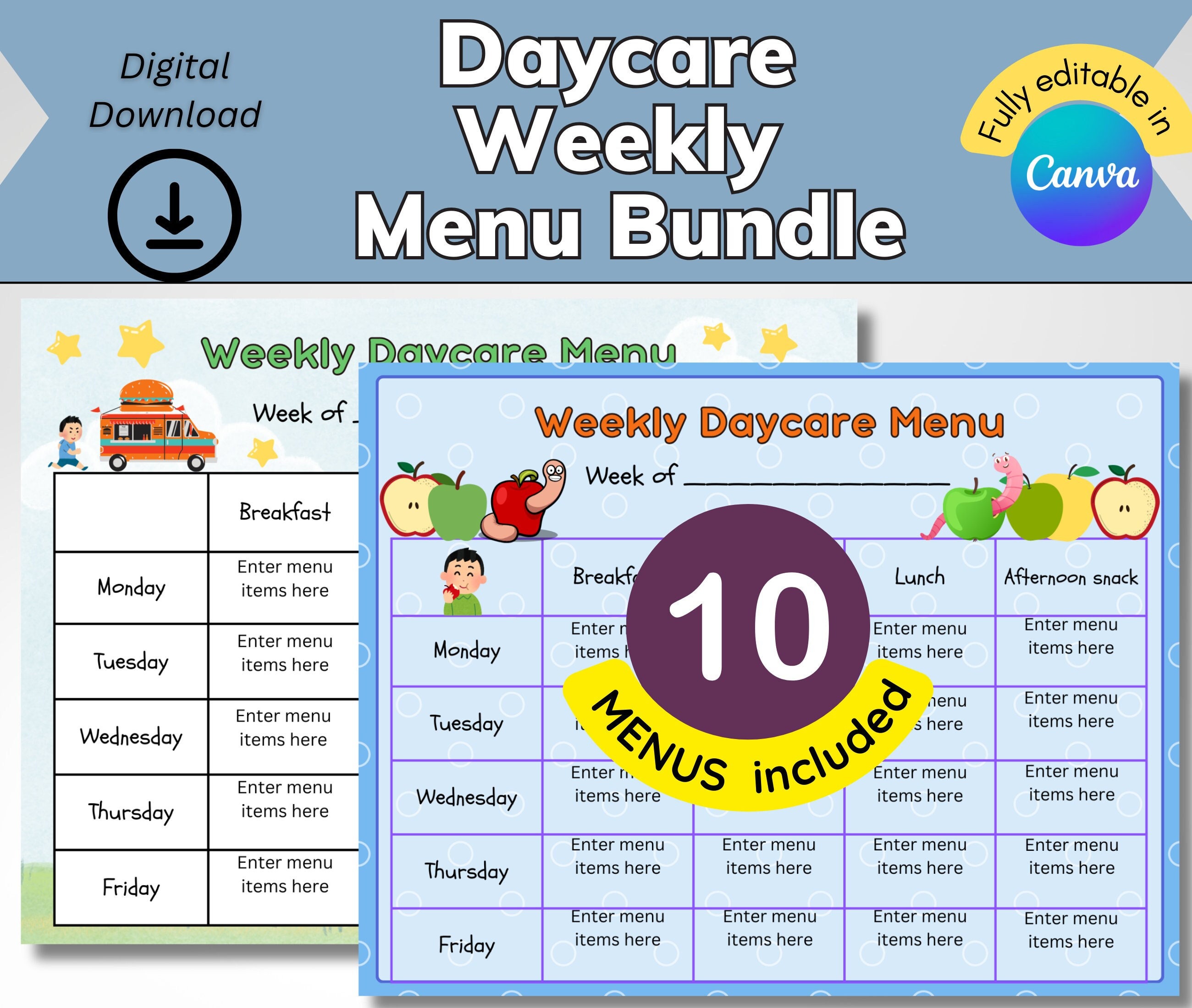 Weekly Daycare Menu Template: Editable Preschool Meal Planner (digital ...