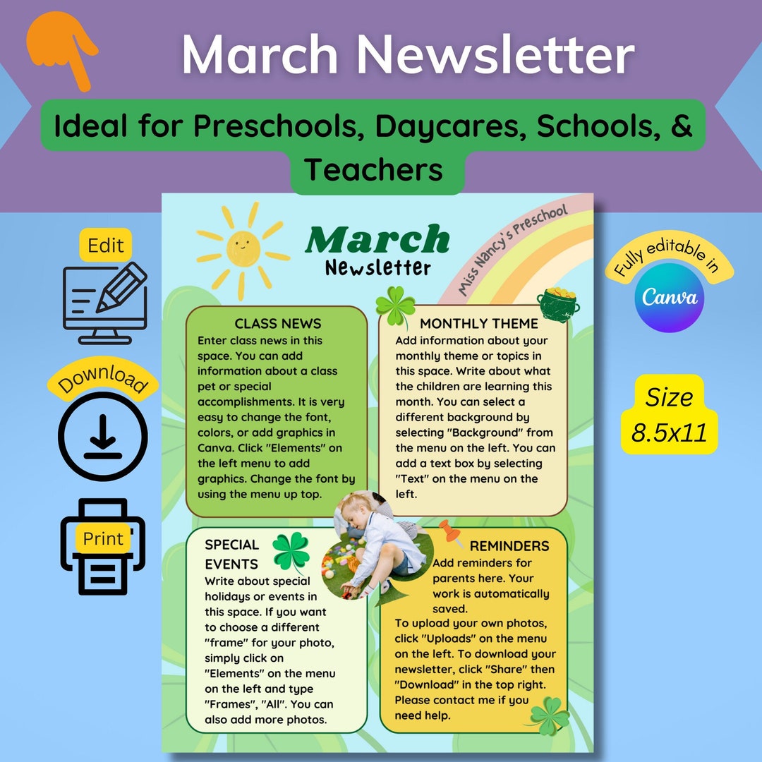 Editable Classroom Newsletter Template: March, Weekly (CANVA Digital ...