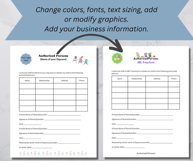 Daycare Pick-up Form, Child Pick-up Form, Authorized Pick-up Form ...