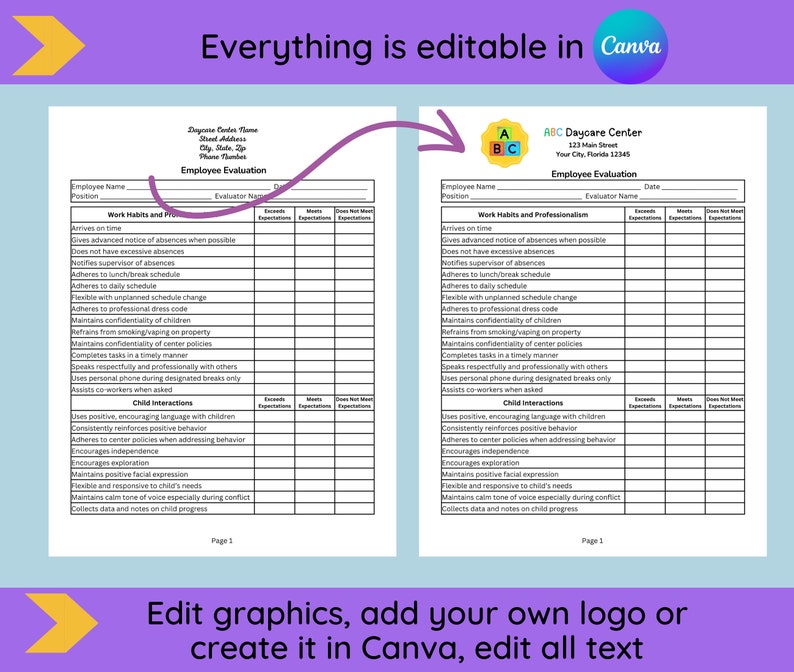 Daycare Staff Evaluation Form: Editable Employee Review (canva Template ...