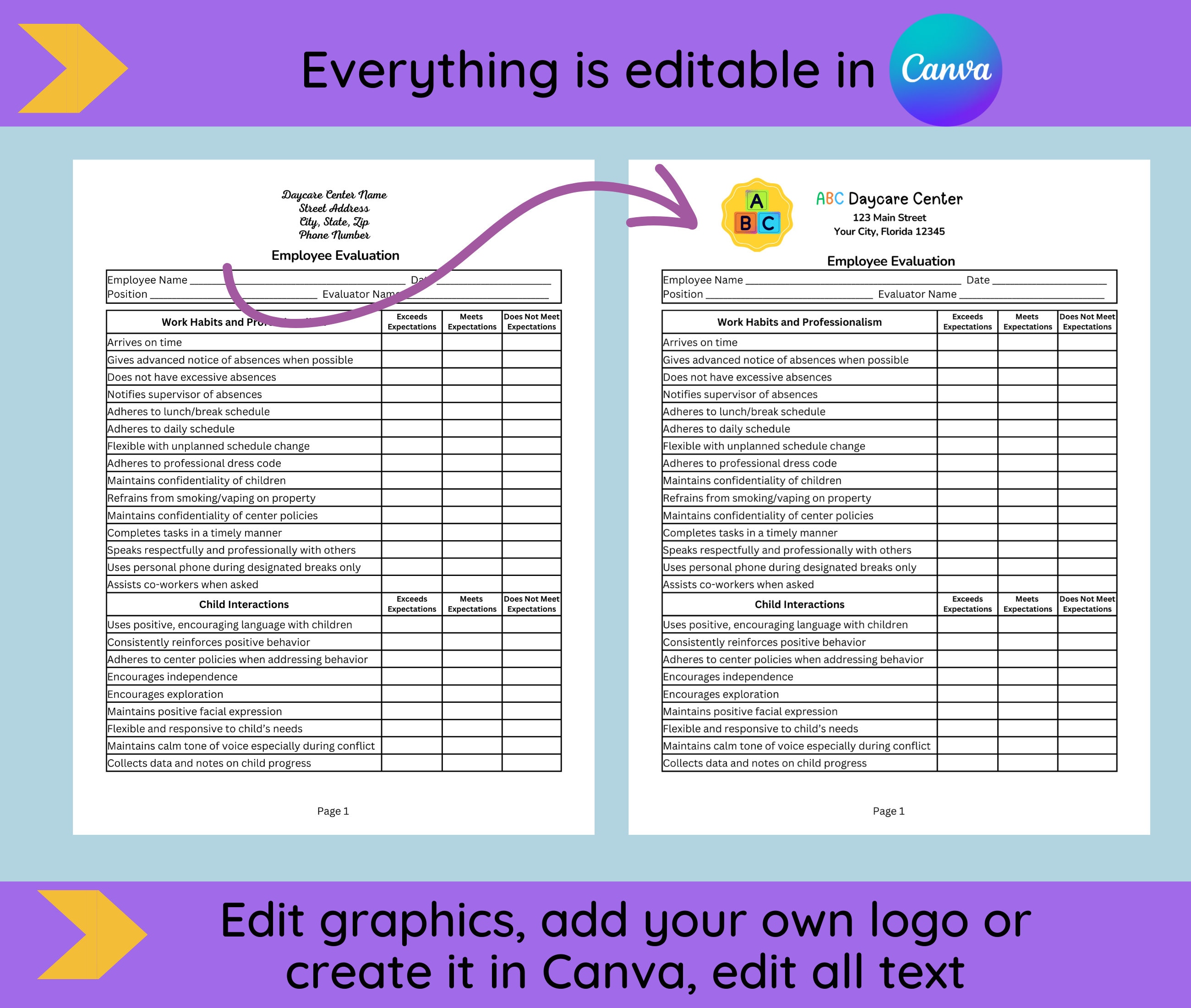 Daycare Staff Evaluation Form: Editable Employee Review (canva Template ...