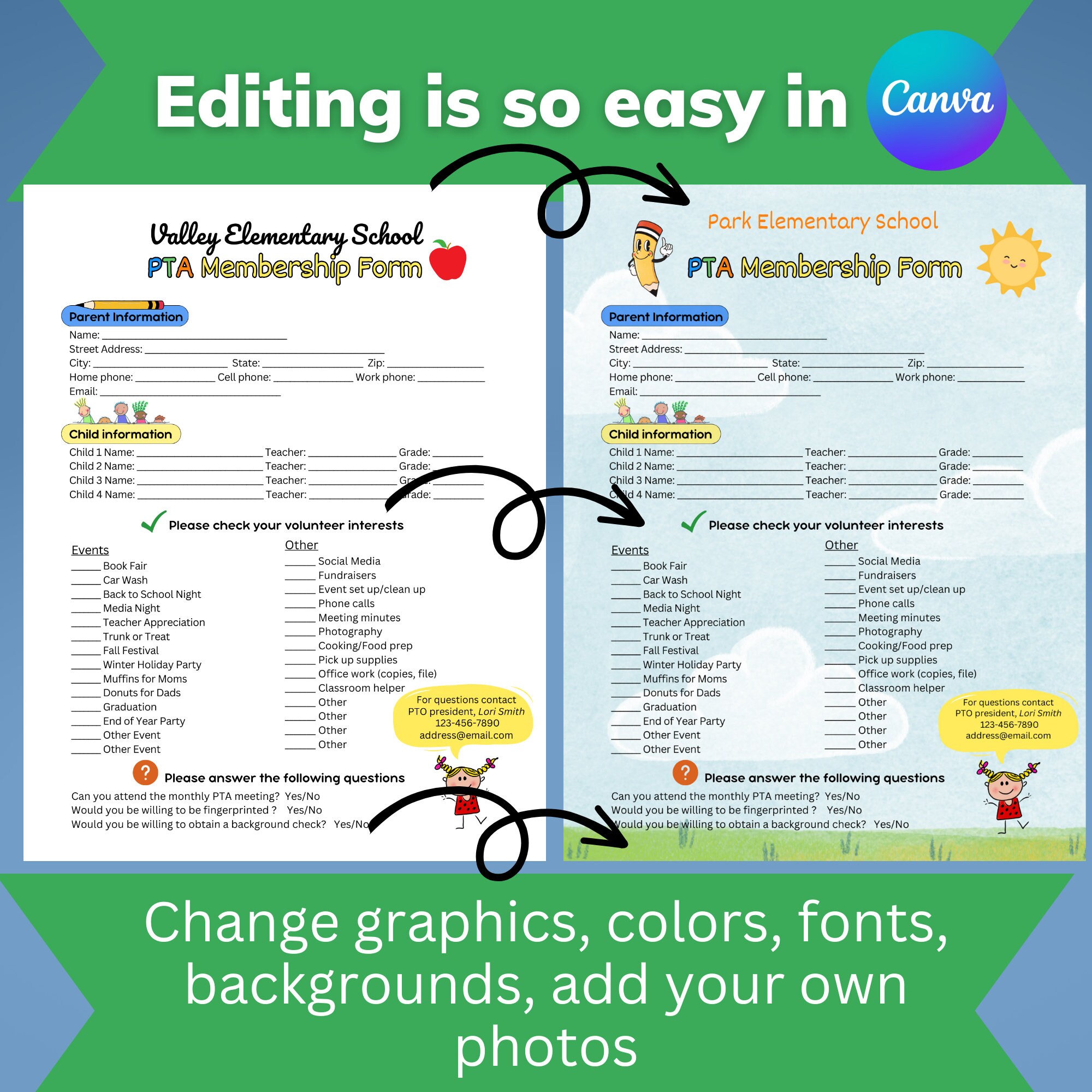 Editable PTA PTO Membership & Volunteer Form (canva Template) - Etsy
