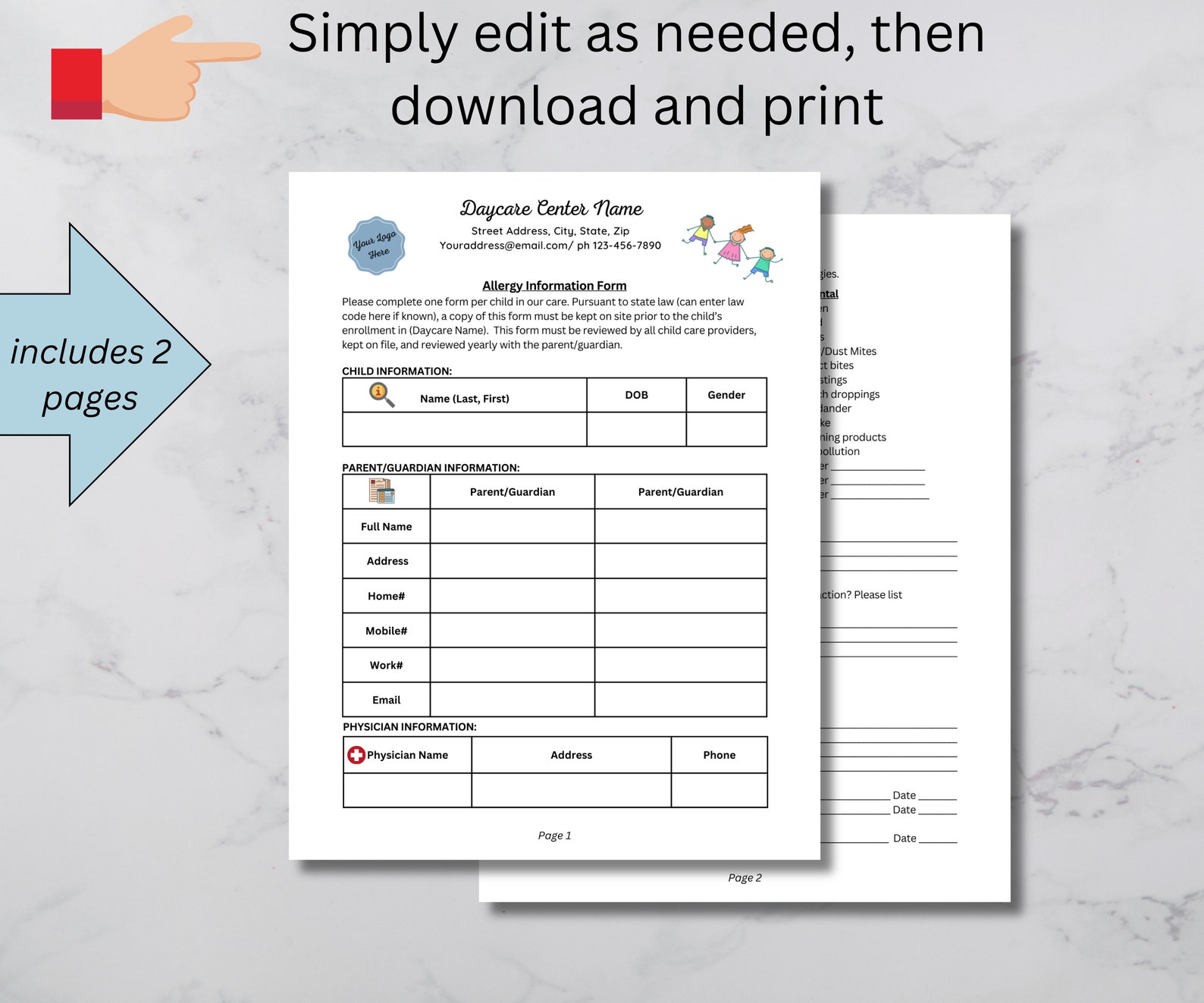 Child Allergy Form, Daycare Printable Allergy Form Perfect for Daycares ...