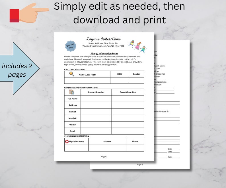Child Allergy Form, Daycare Printable Allergy Form Perfect for Daycares ...