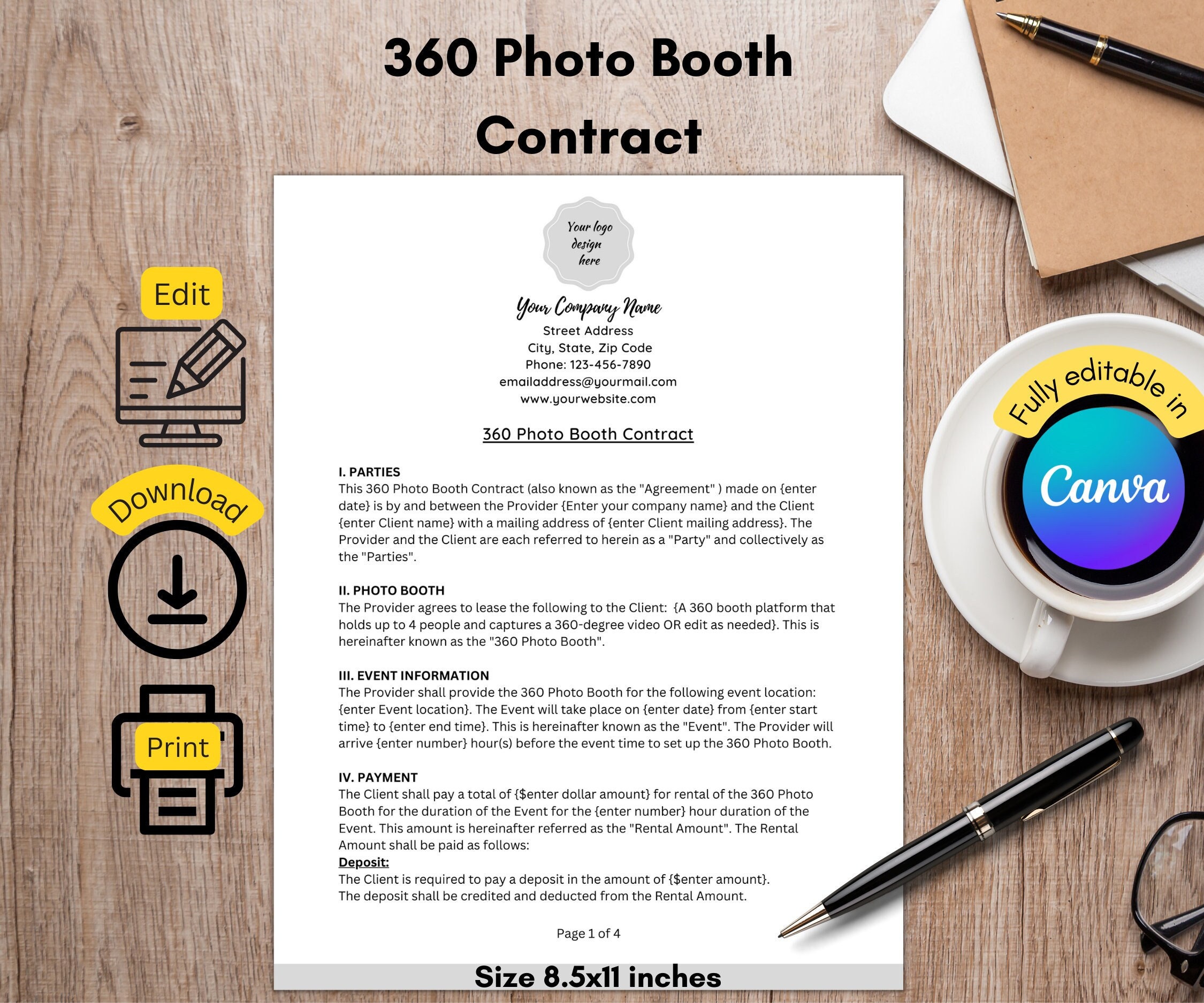 Editable 360 Photo Booth Rental Contract Template (canva, 8.5x11 ...