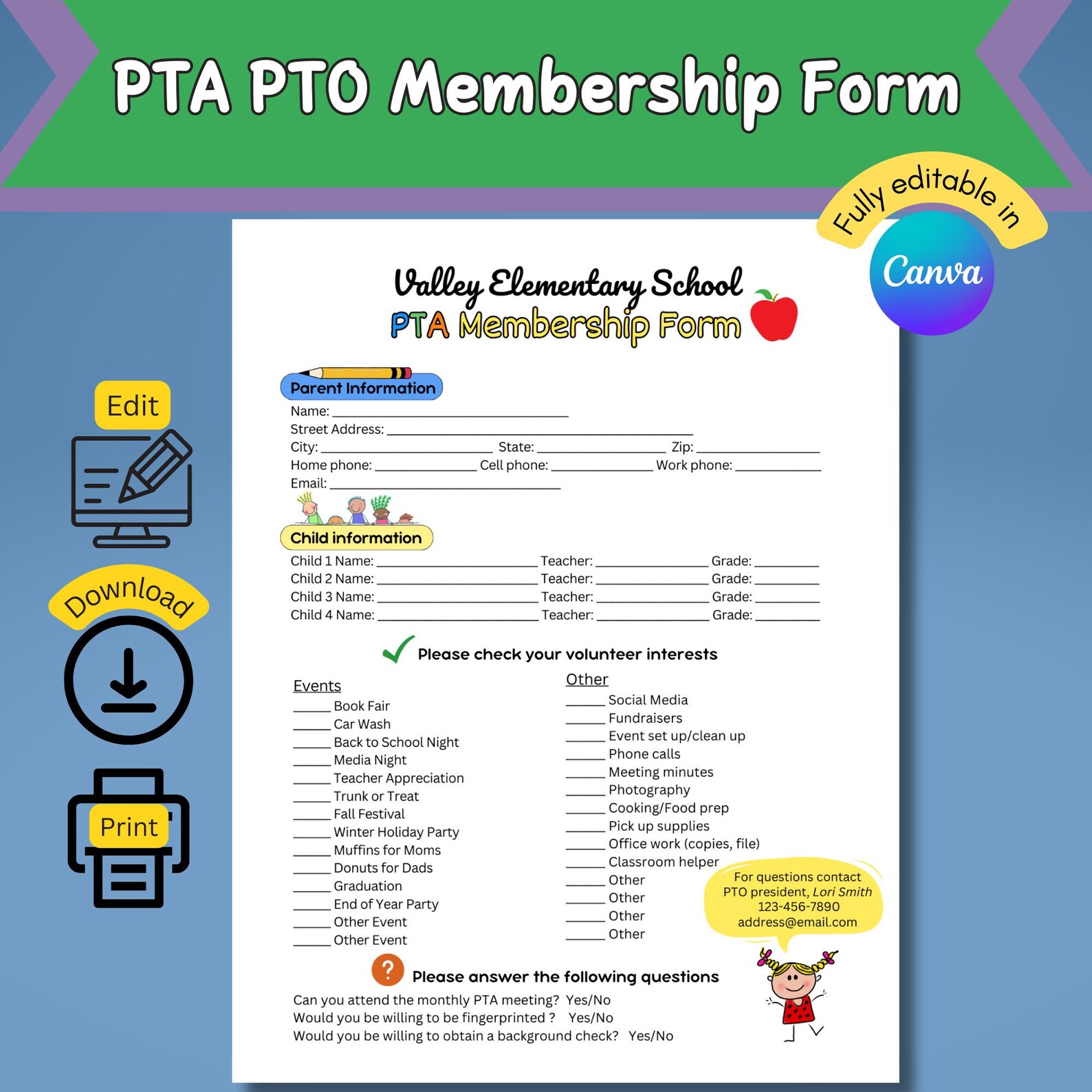 Editable PTA PTO Membership & Volunteer Form (canva Template) - Etsy