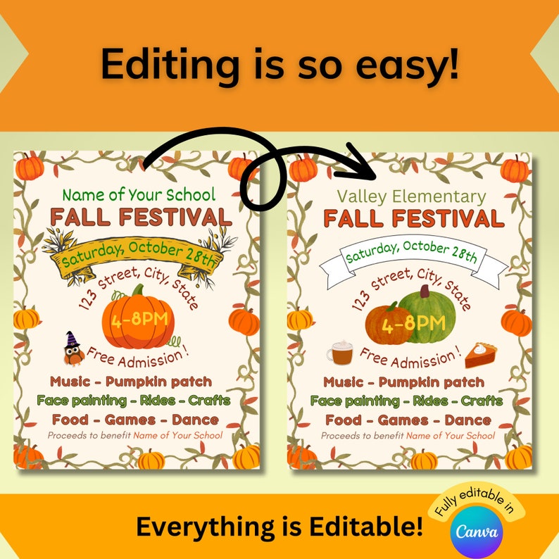 Editable Fall Festival Flyer: PTA, Church, School Event (canva Template ...
