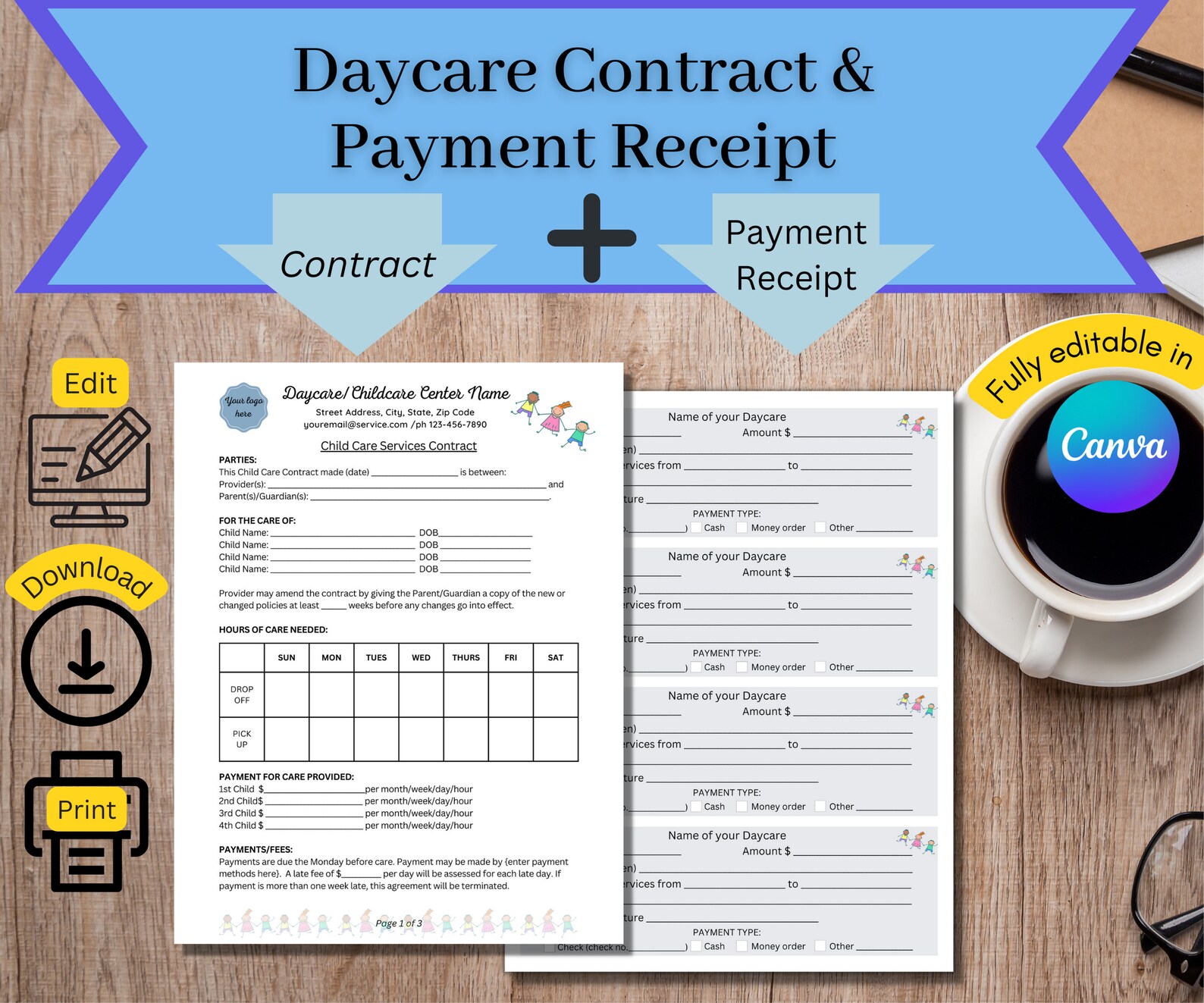 Daycare Contract & Daycare Receipt Bundle, Child Care Contract, Home ...