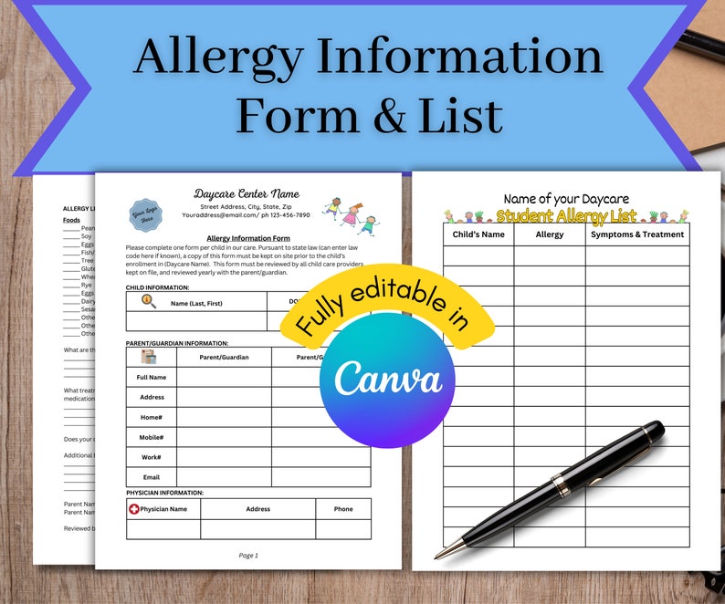 Child Allergy Form & List, Daycare Printable Allergy Form Perfect for ...