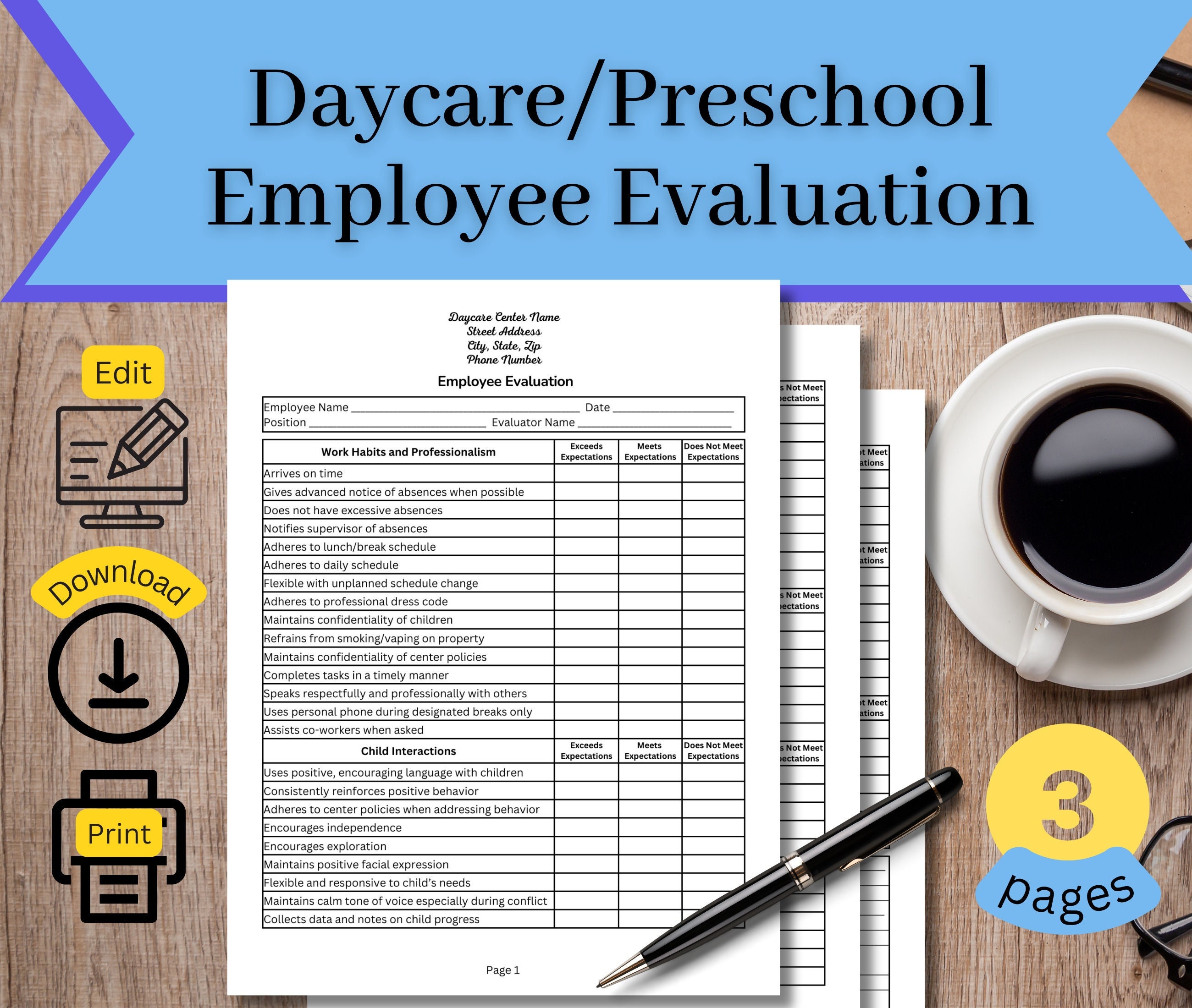 Daycare Staff Evaluation Form: Editable Employee Review (canva Template ...