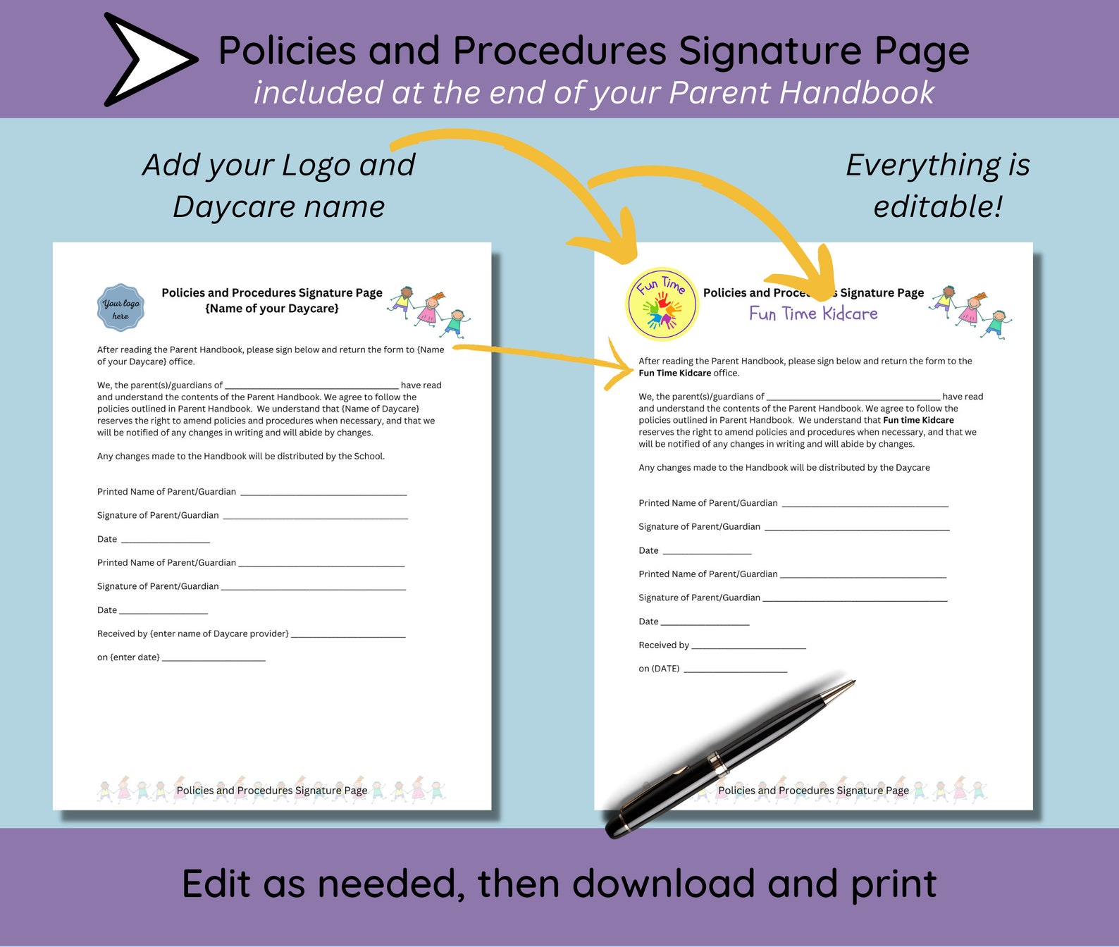 Editable Daycare Parent Handbook Template, Childcare Policies and ...
