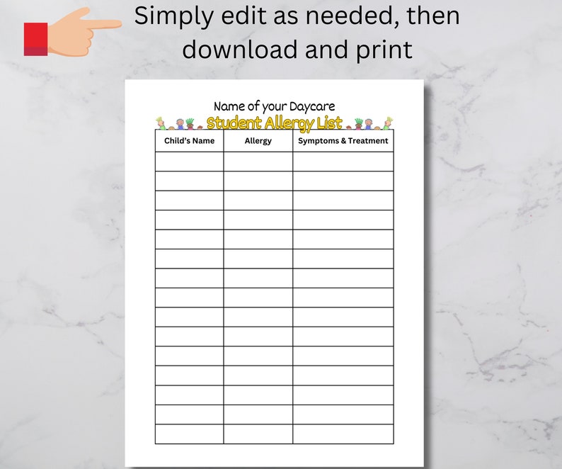Child Allergy List, Daycare Printable Allergy List Perfect for Daycares ...