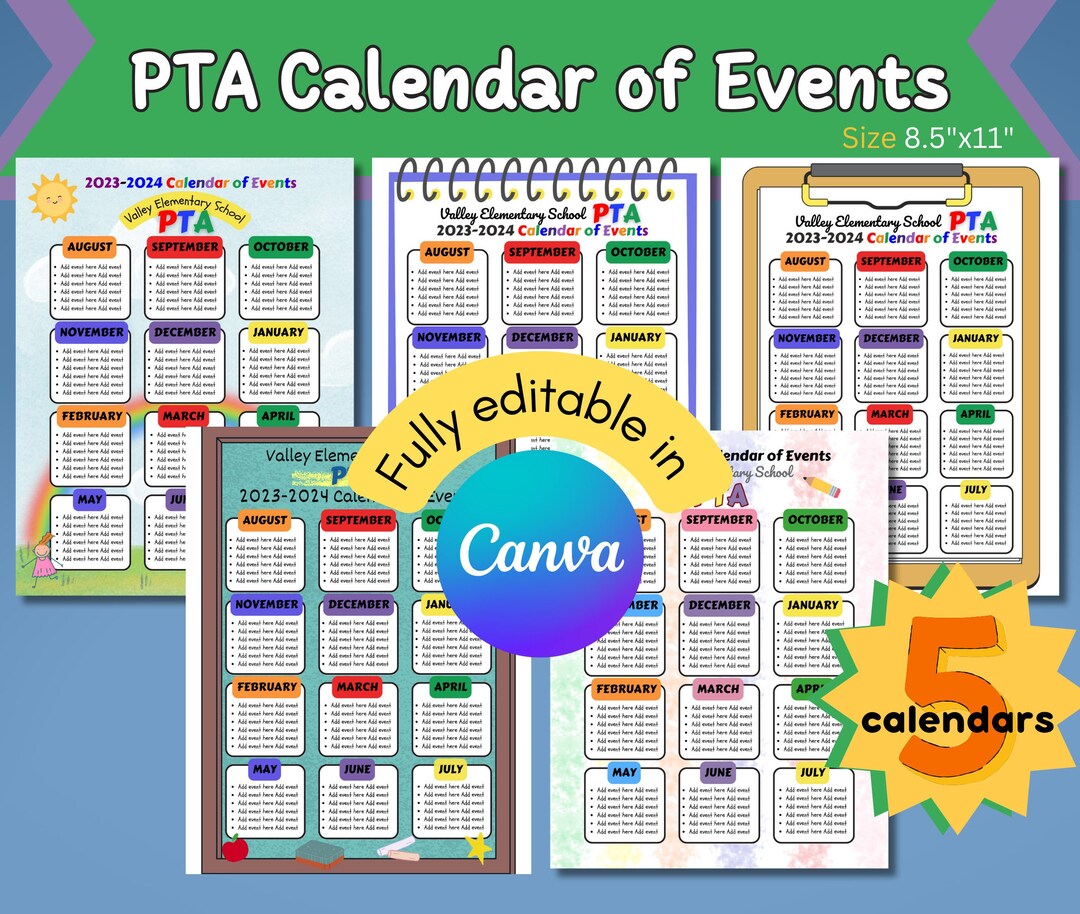 PTA PTO Calendar, Calendar of Events, Editable Calendar, Calendar ...